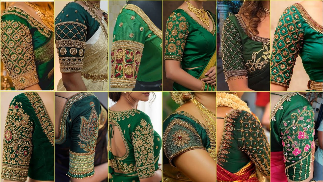 Green Color Aari Work Blouse Designs/Bridal Heavy Maggam Work Blouse Designs/Latest Blouse Designs