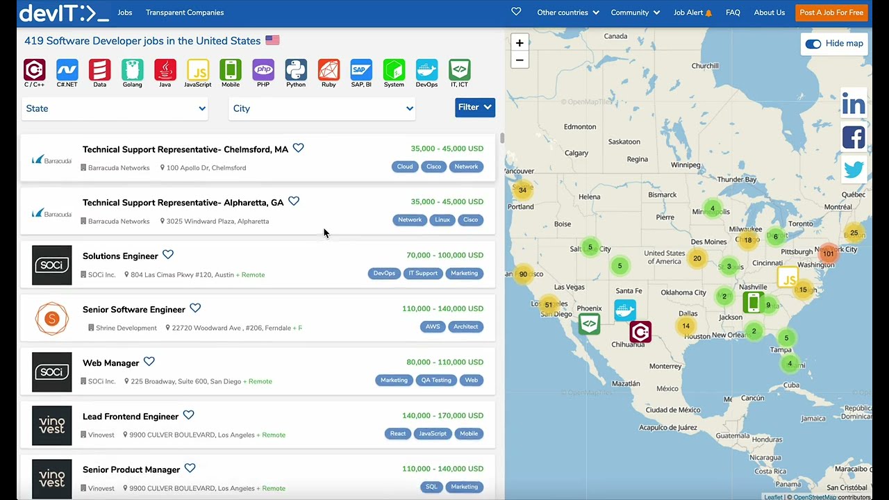 DevITjobs - Transparent Developer Jobs in the US (with salary ranges)