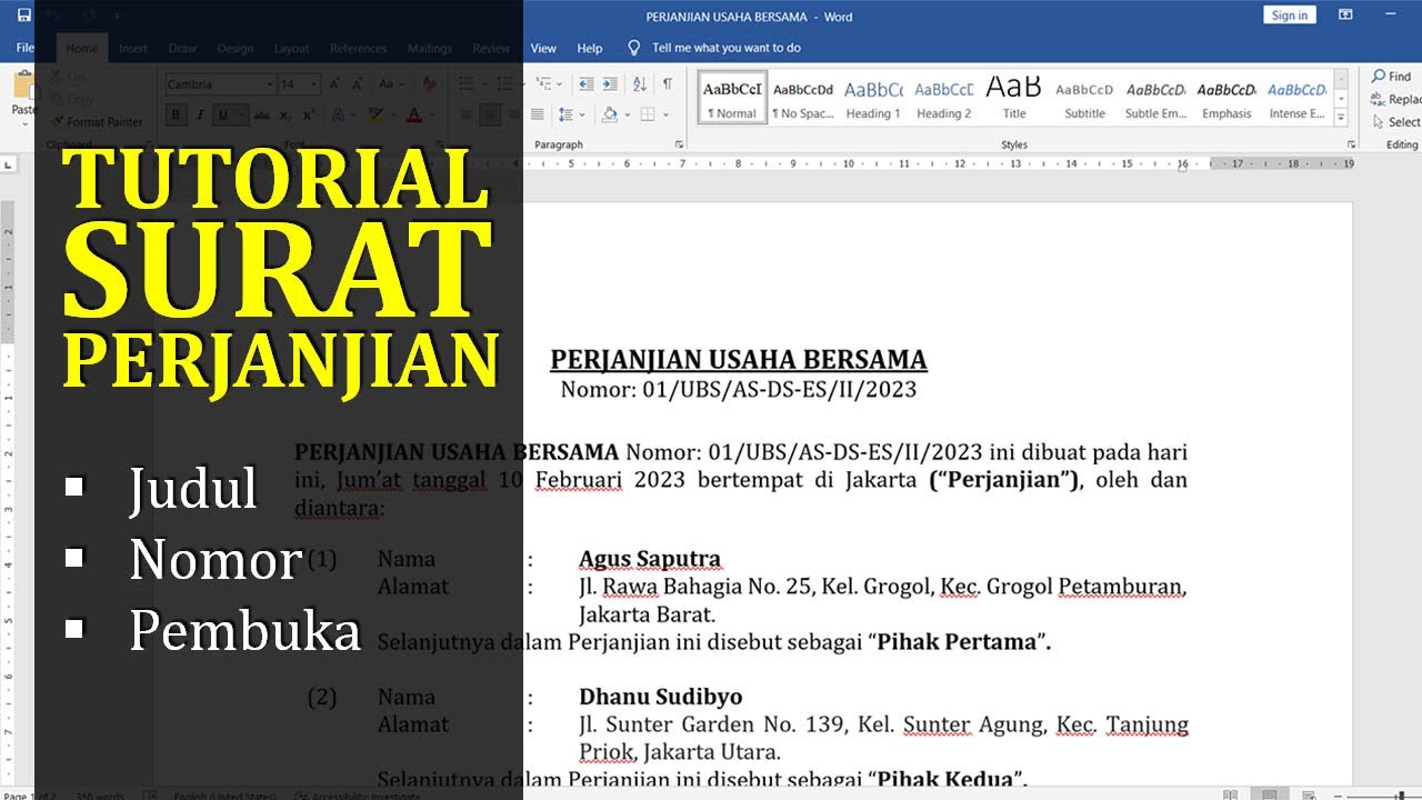 TUTORIAL SURAT PERJANJIAN: Judul, Nomor dan Pembuka Perjanjian (Kontrak)