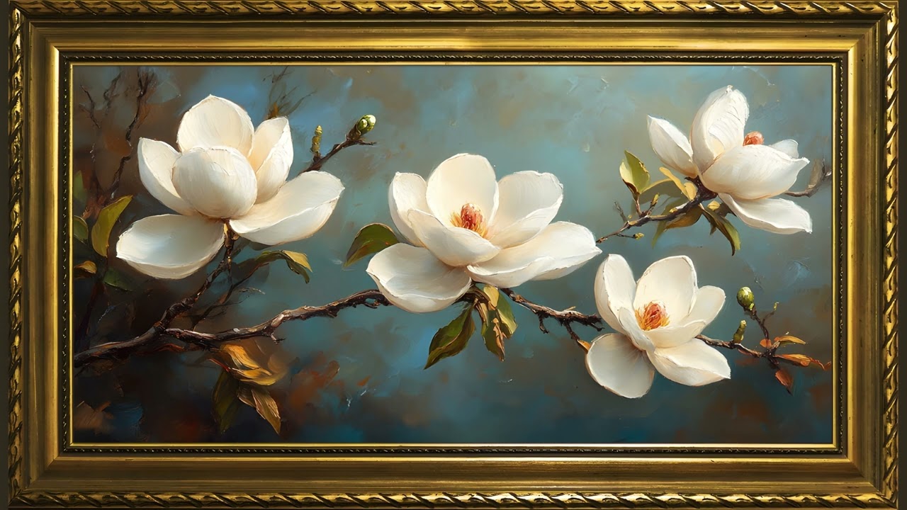 Magnolia Blossoms, Rustic Floral Still Life 4K UHD | Gold Framed Vintage Art Screensaver for TV