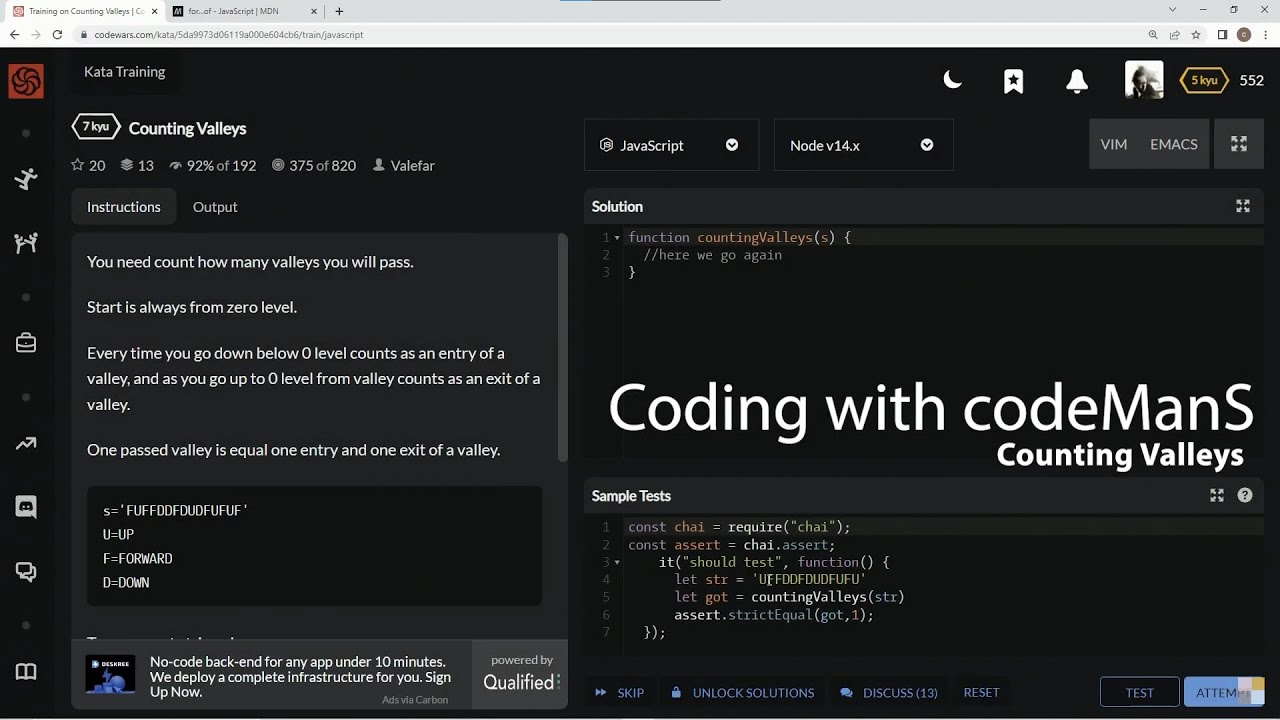 Codewars 7 kyu Counting Valleys JavaScript