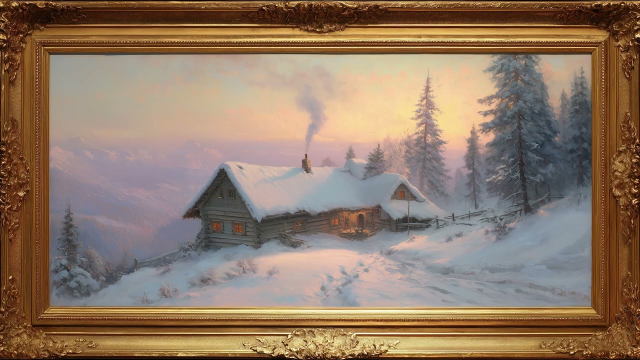 Winter Sunset at a Mountain Cabin | Framed Art TV Wallpaper 4K