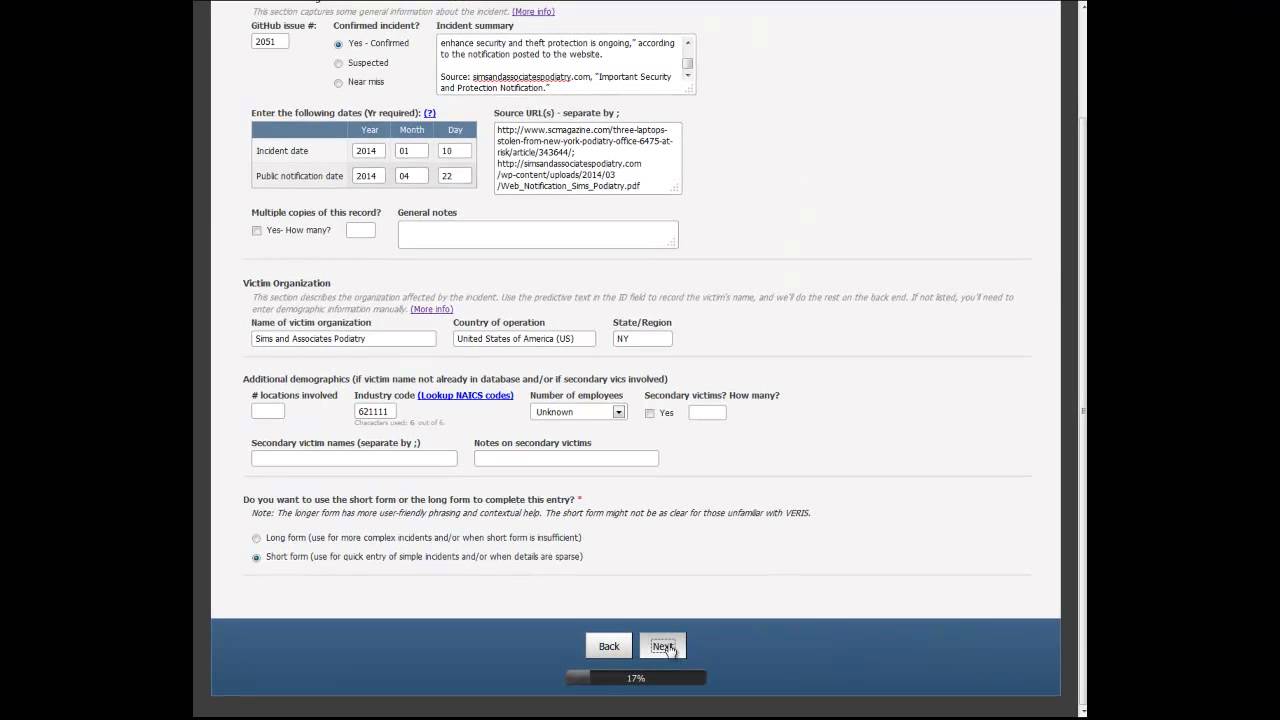 Coding Records for VCDB - The Short Form
