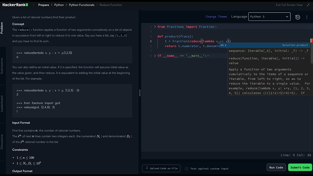 Hackerrank Python Solution  #3 Python Functionals - Reduce Function