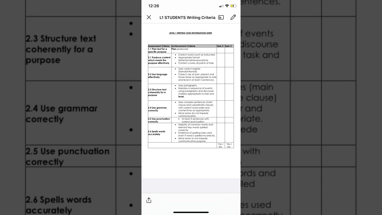 ESOL level1 writing criteria