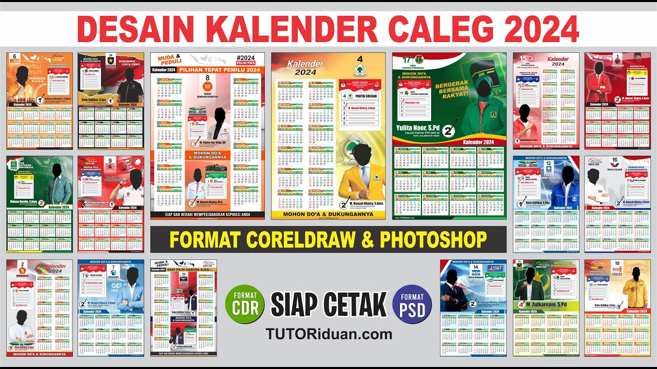 18 Desain Kalender Caleg 2024 Partai Nasional Pemilu 2024 Coreldraw Photoshop (Free CDR PSD)