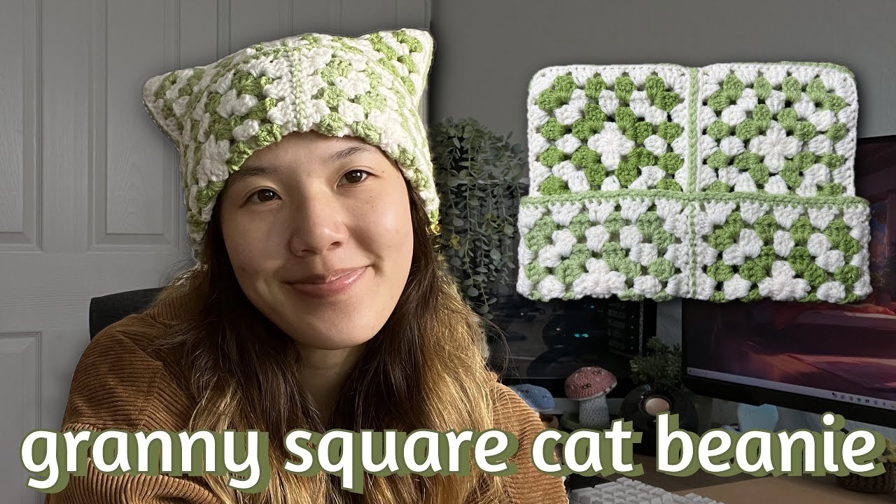 Crochet Granny Square Cat Ear Beanie Tutorial & Free Written Pattern