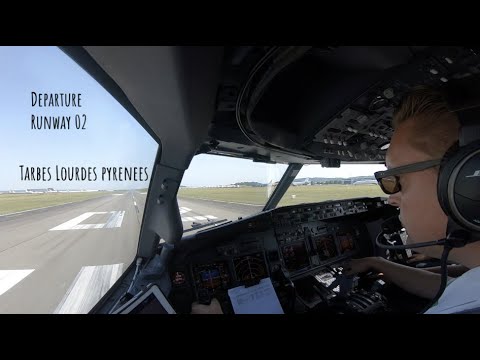 Departure runway 02 Tarbes Lourdes Pyrenees (LDE LFBT) as seen from the cockpit of a Boeing 737.