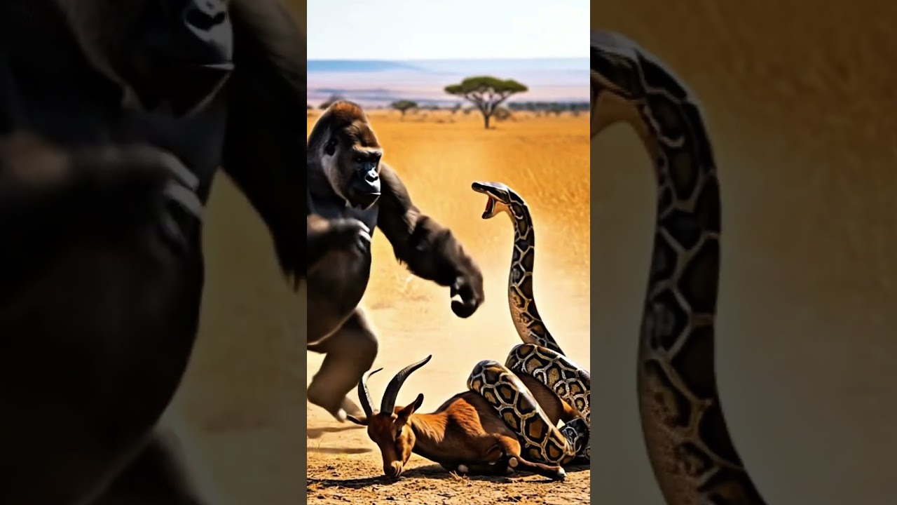 Gorilla Saves Goat from Giant Python Attack #wildlife #wildliferescue #gorilla