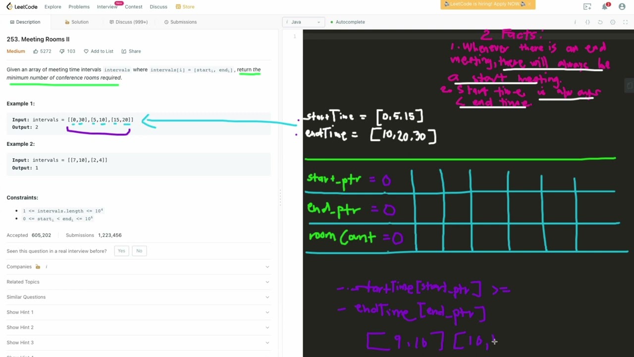 Meeting Rooms II - LeetCode 253 - Java - Two Pointers