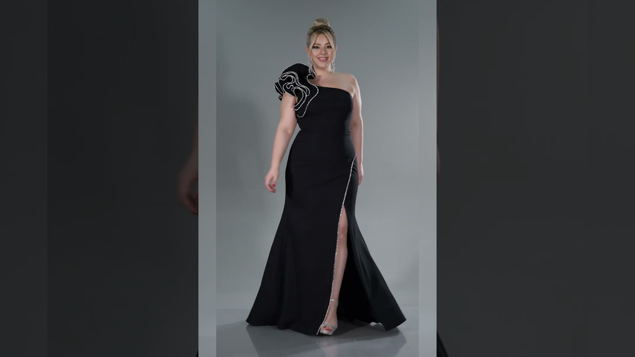 Siyah Tek Omuz Yırtmaçlı Uzun Büyük Beden Abiye ABU3911