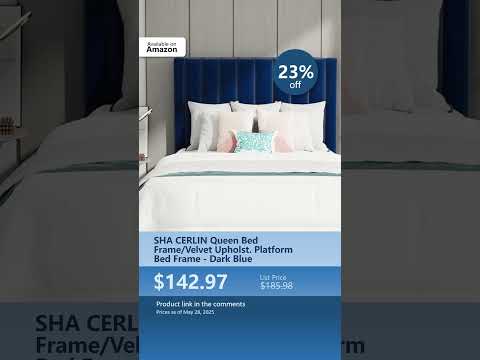 SHA CERLIN Queen Bed Frame/Velvet Upholst. Platform Bed Frame - Dark Blue
