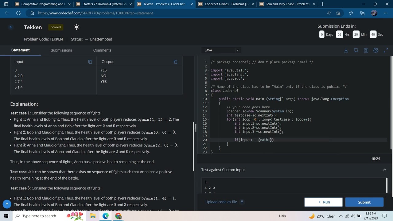 Tekken Starter 77 Codechef solution in java