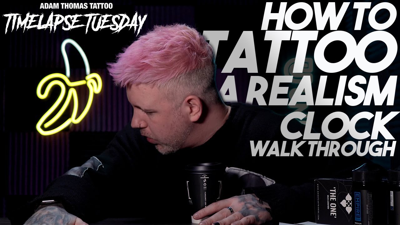 Tattoo TIMELAPSE. How to tattoo a realistic clock! Black and grey.