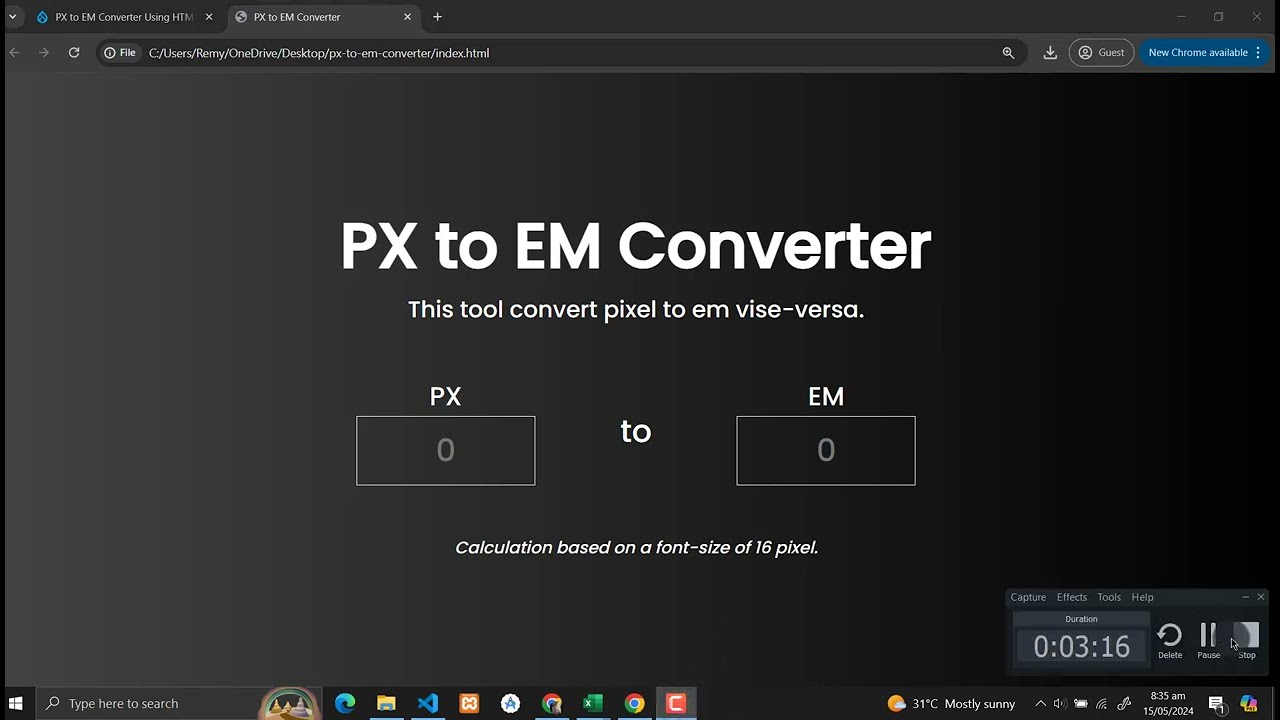 PX to EM Converter Using HTML, CSS and JavaScript with Source Code