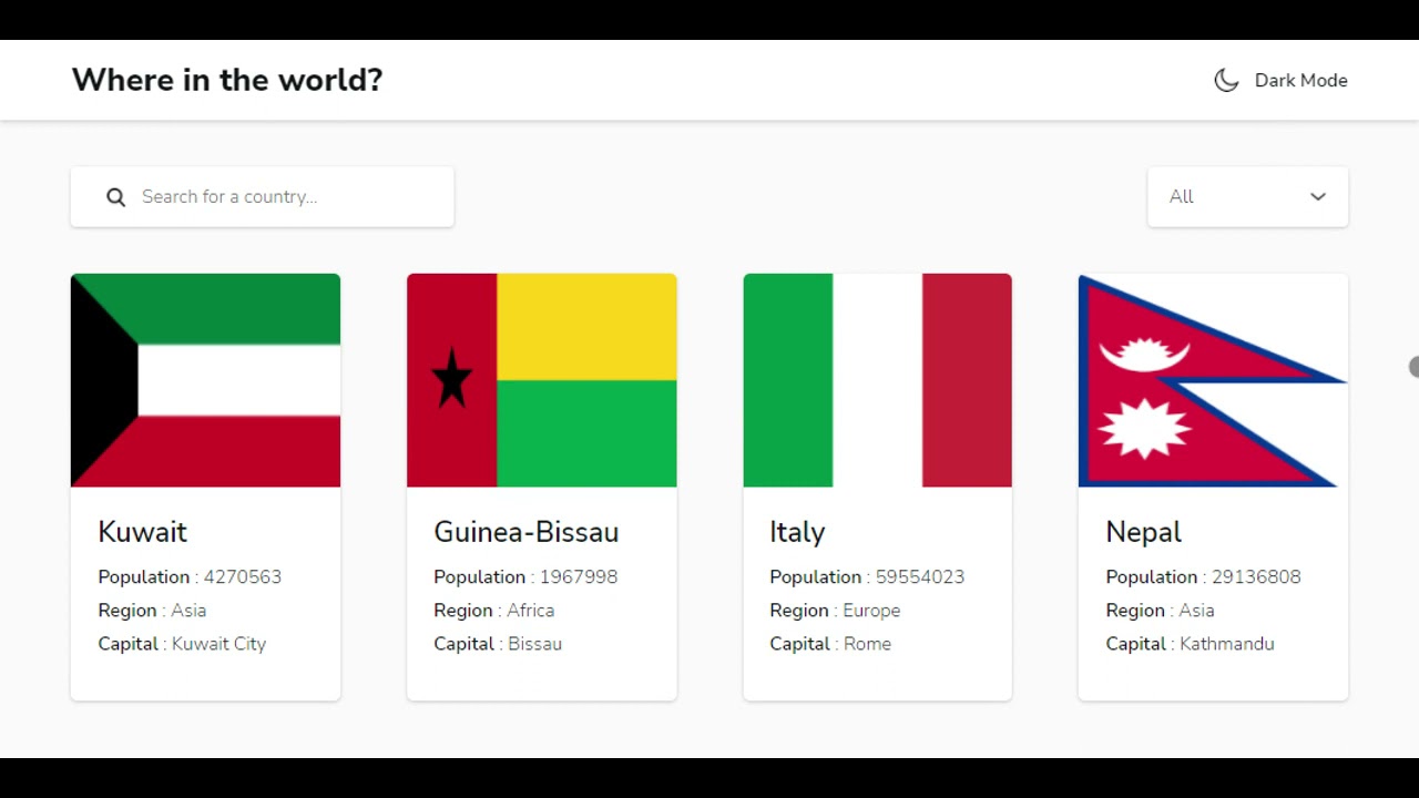 Rest Countries Browser using HTML, CSS and React with API