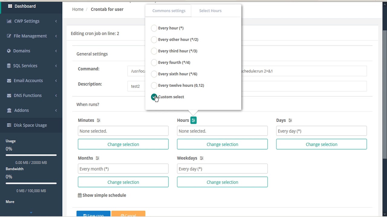 CWP - User Panel: Crontab tutorial