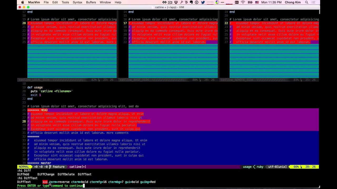 git merge conflicts using vimdiff