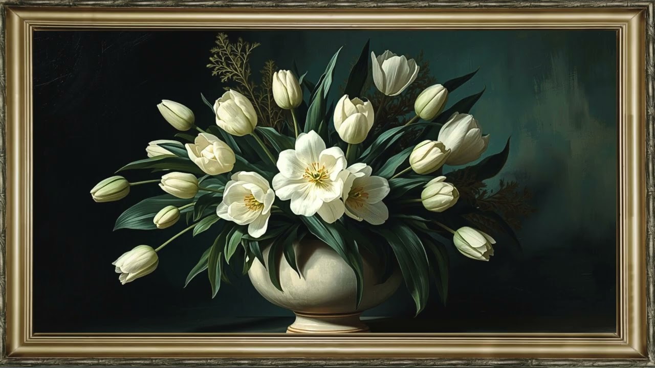 FREE FRAMED TV ART WHITE TULIPS SCREENSAVER BACKGROUND FLORAL PAINTING NO MUSIC WALLPAPER 4K