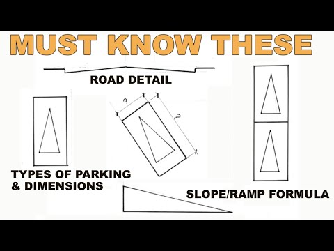 DIFFERENT TYPES OF CAR PARKING, ROAD DETAILS AND RAMP SLOPE FORMULA.
