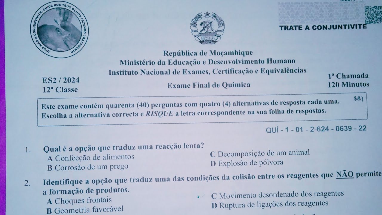 RESOLUÇÃO COMPLETA DO EXAME FINAL DE QUÍMICA DA 12ª CLASSE 2024 - 1ª CHAMADA | 1 a 40
