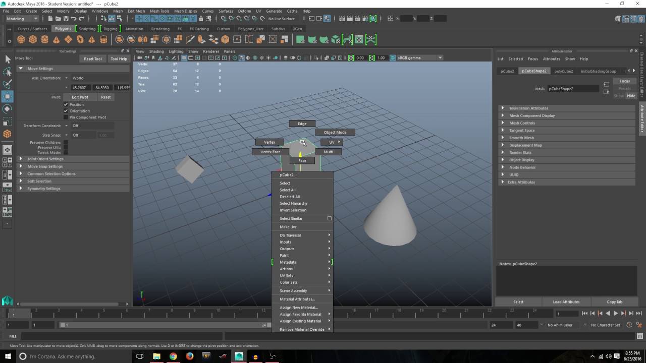 Face, Edge, and Vertex modes maya tutorial 3