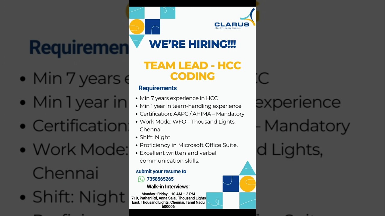 CLARUS RCM Hiring Team Lead | HCC Medical Coding | Jobs #Chennai #India #Coding #HCC #ICD-10-CM #CPC