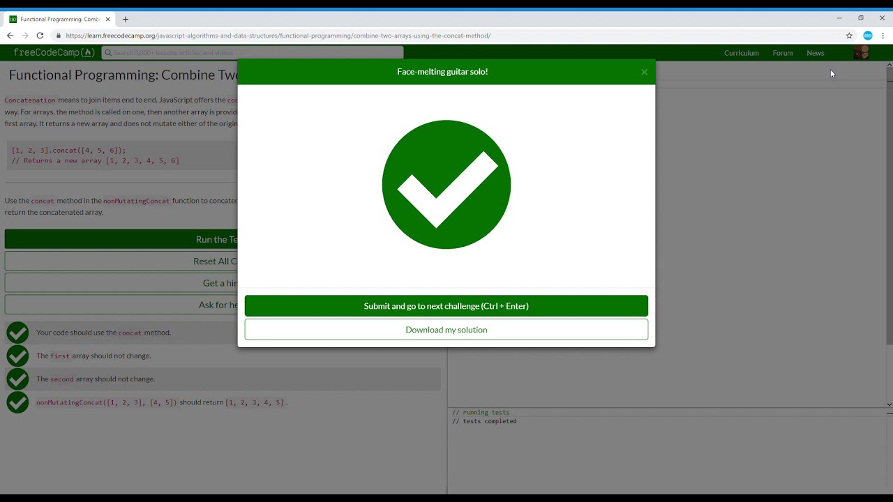 Functional Programming  Combine Two Arrays Using the concat Method   Learn freeCodeCamp13/24