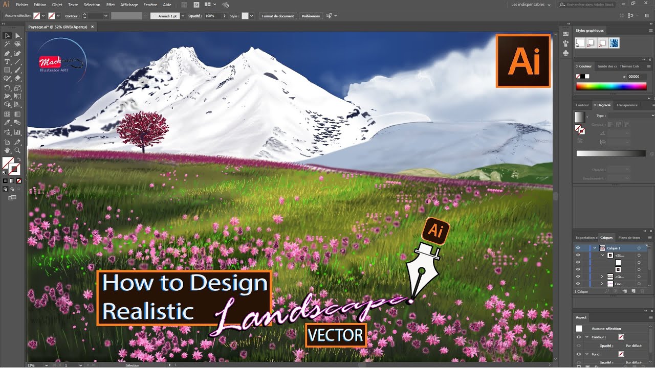 NEVER SEEN ON ILLUSTRATOR!!! Realistic landscape with snowy mountain Drawn on ADOBE ILLUSTRATOR.