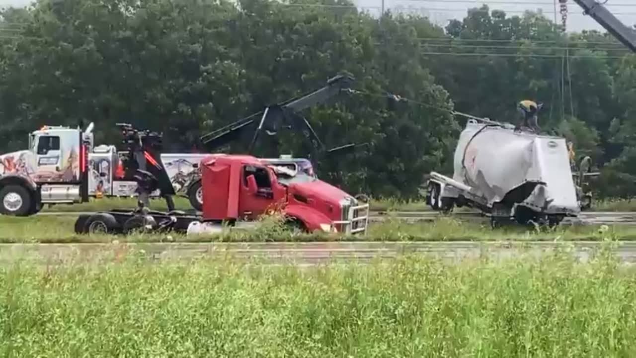 Live Tractor trailer overturns I-49 in rainy conditions south of Joplin