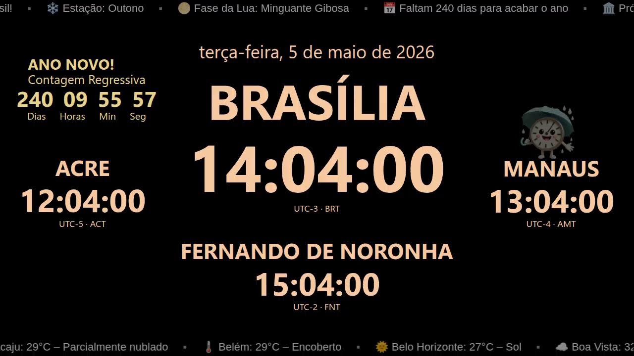 🕒🌧️LIVE Hora Certa 24/7 | RELÓGIO ao Vivo UTC-3 – Horário de Brasília AO VIVO