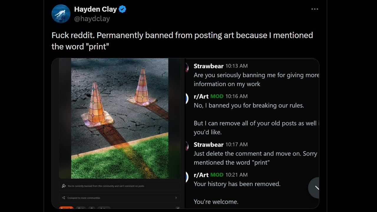 r/Art reddit mod controversy. MY EXPERIENCE