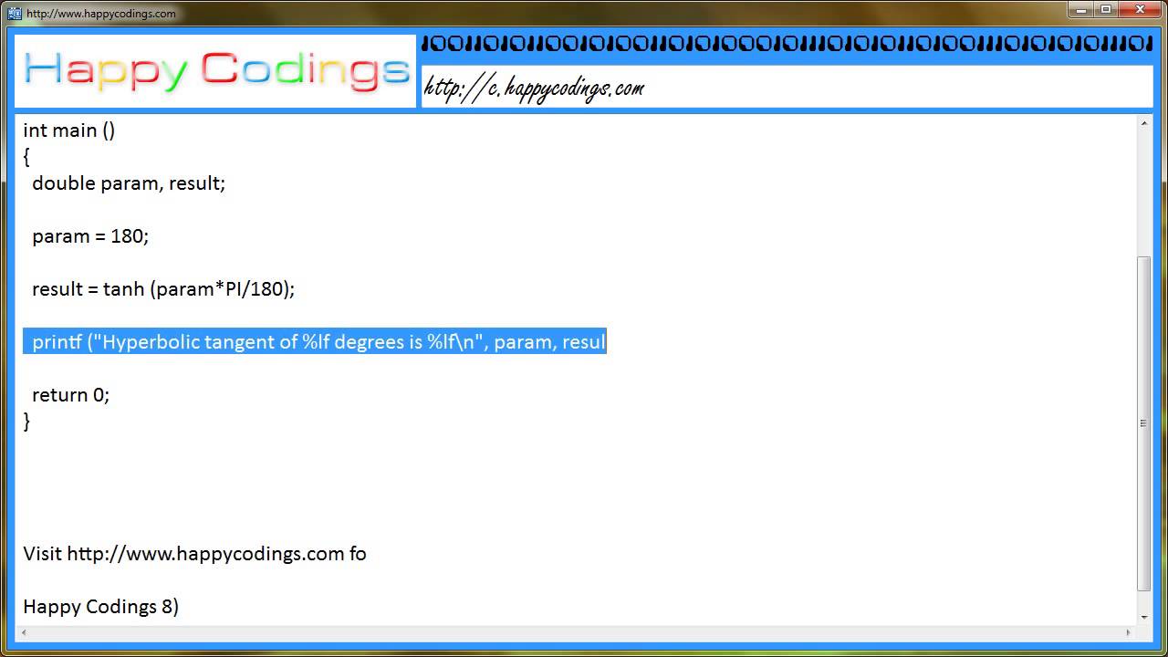 Calculate hyperbolic tangent how to use tanh c code example
