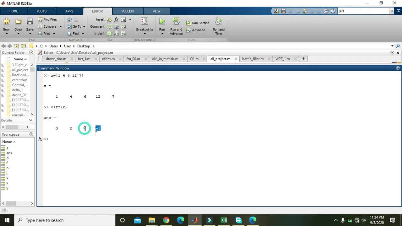 how to find the difference between adjacent elements in a matrix in matlab | use of diff command
