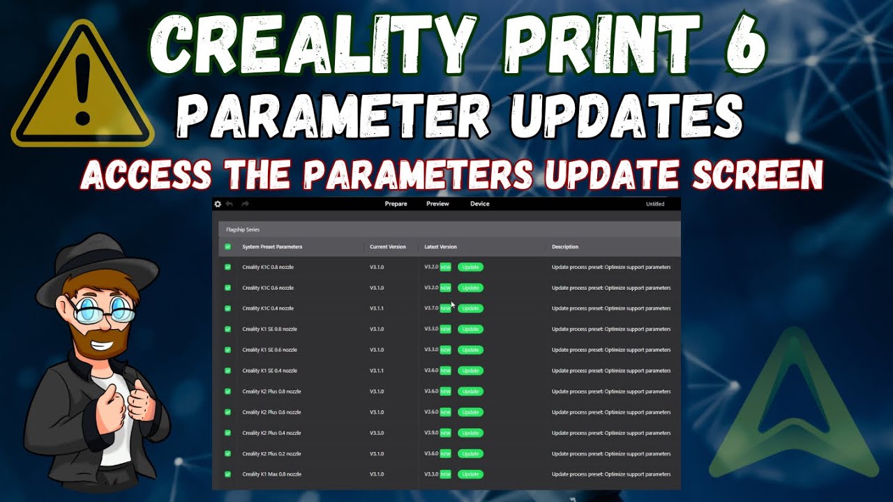 CREALITY PRINT 6: Find & Update, the PRINTER PARAMETERS screen.