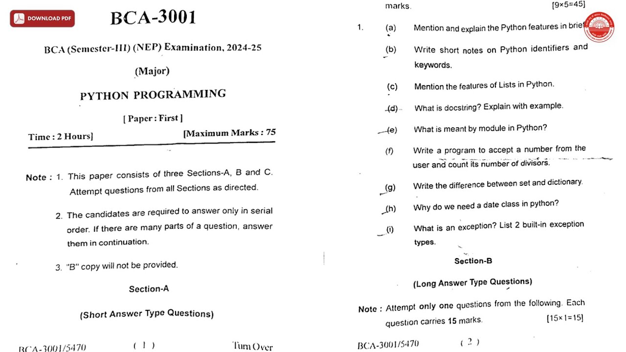 BCA 3RD SEM PYTHON PROGRAMMING BCA 2025 | CSJMU