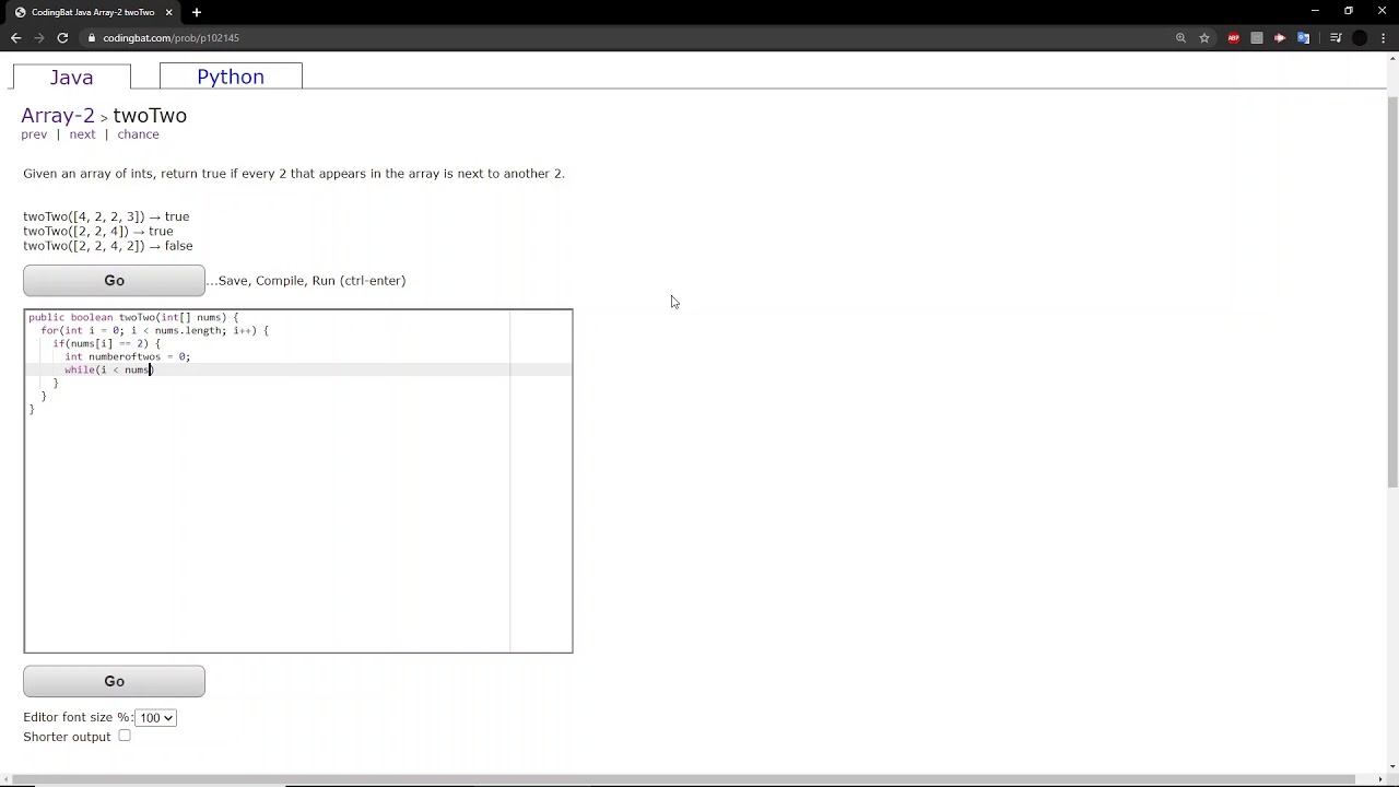 Array-2 (twoTwo) Java Tutorial || codingbat.com