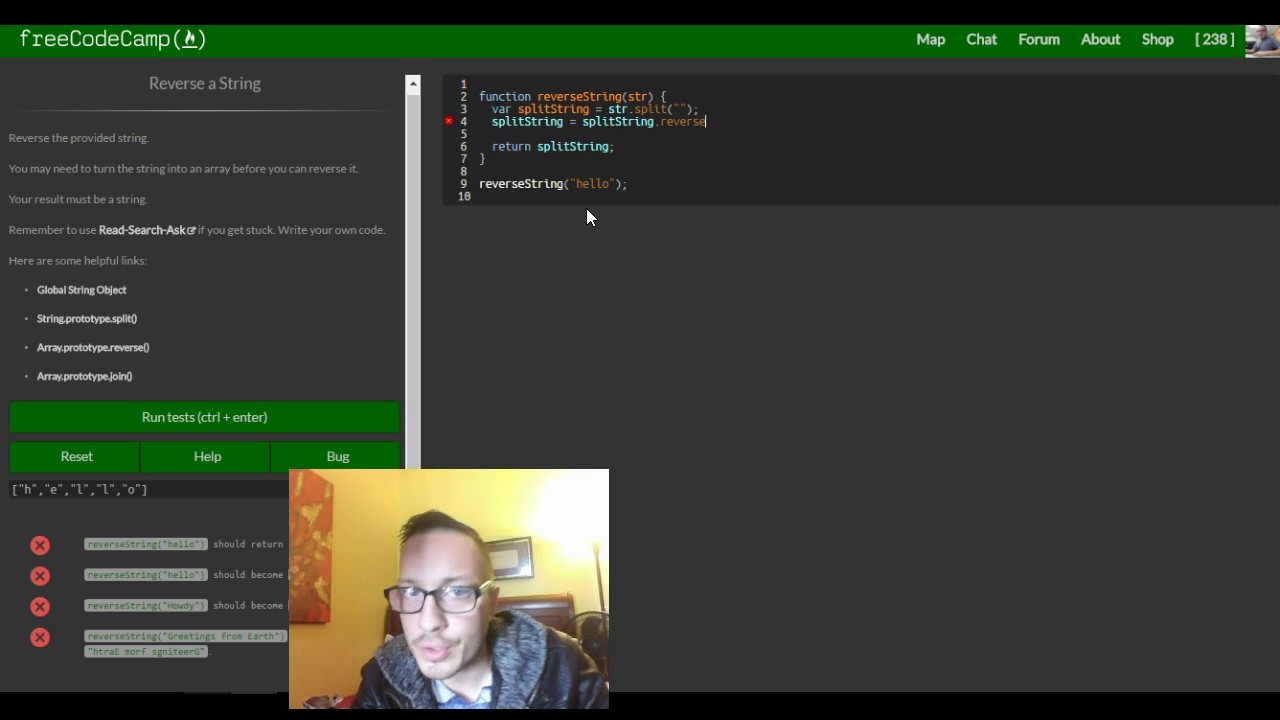 Reverse a String, freeCodeCamp review, Basic Algorithm Scripting, lesson 1