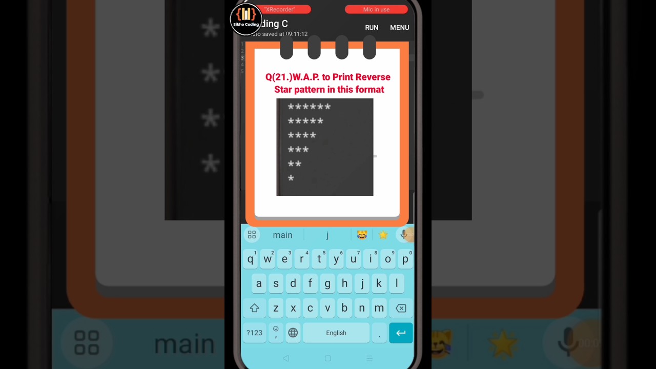 Print Reverse Star Pattern | Sikho Coding #shorts #short #viral #ytshorts #youtubeshorts #coding