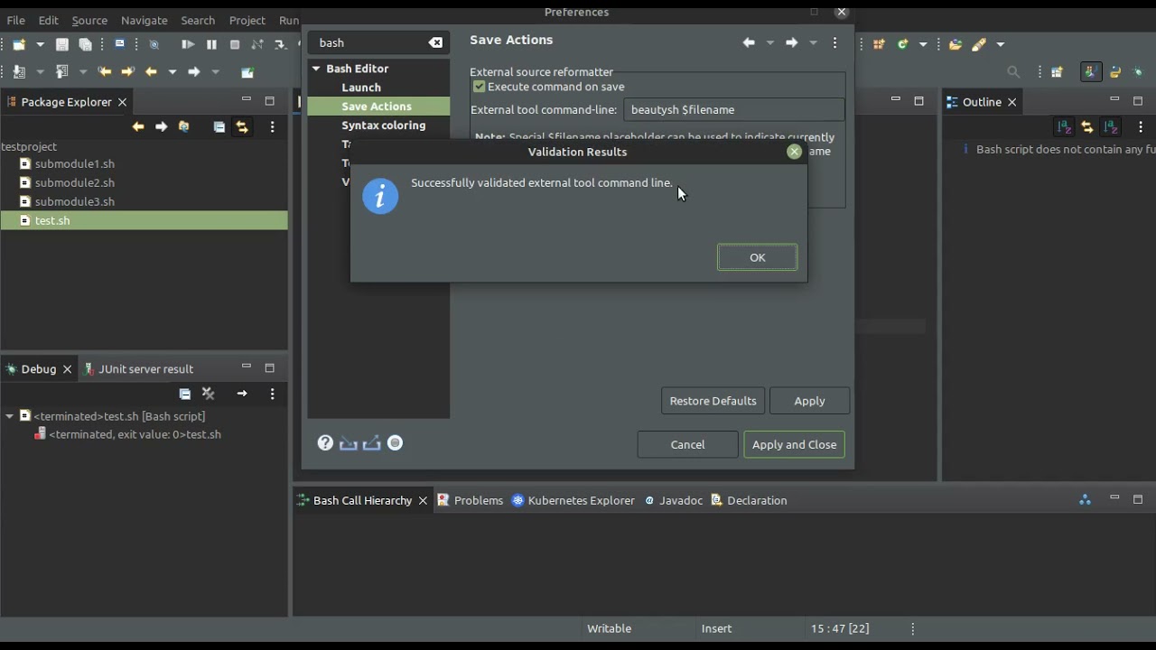 eclipse bash editor plugin save action to format bash script automatically