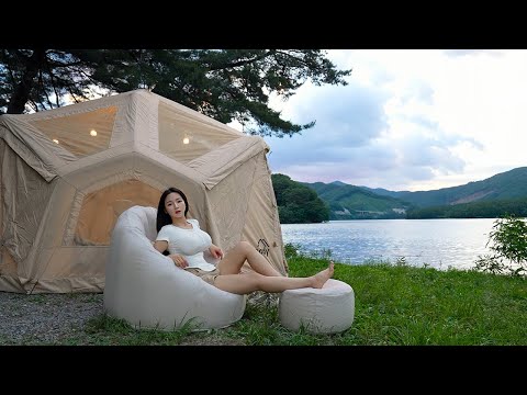 Inflatable Tent Camping by the Riverside | Nature Sounds ASMR