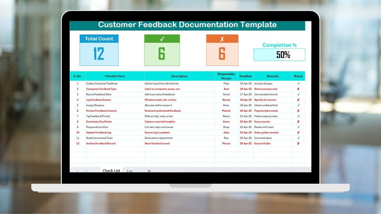 Customer Feedback Documentation Checklist in Excel