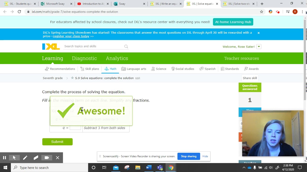 S.9 Solve equations:complete the solution