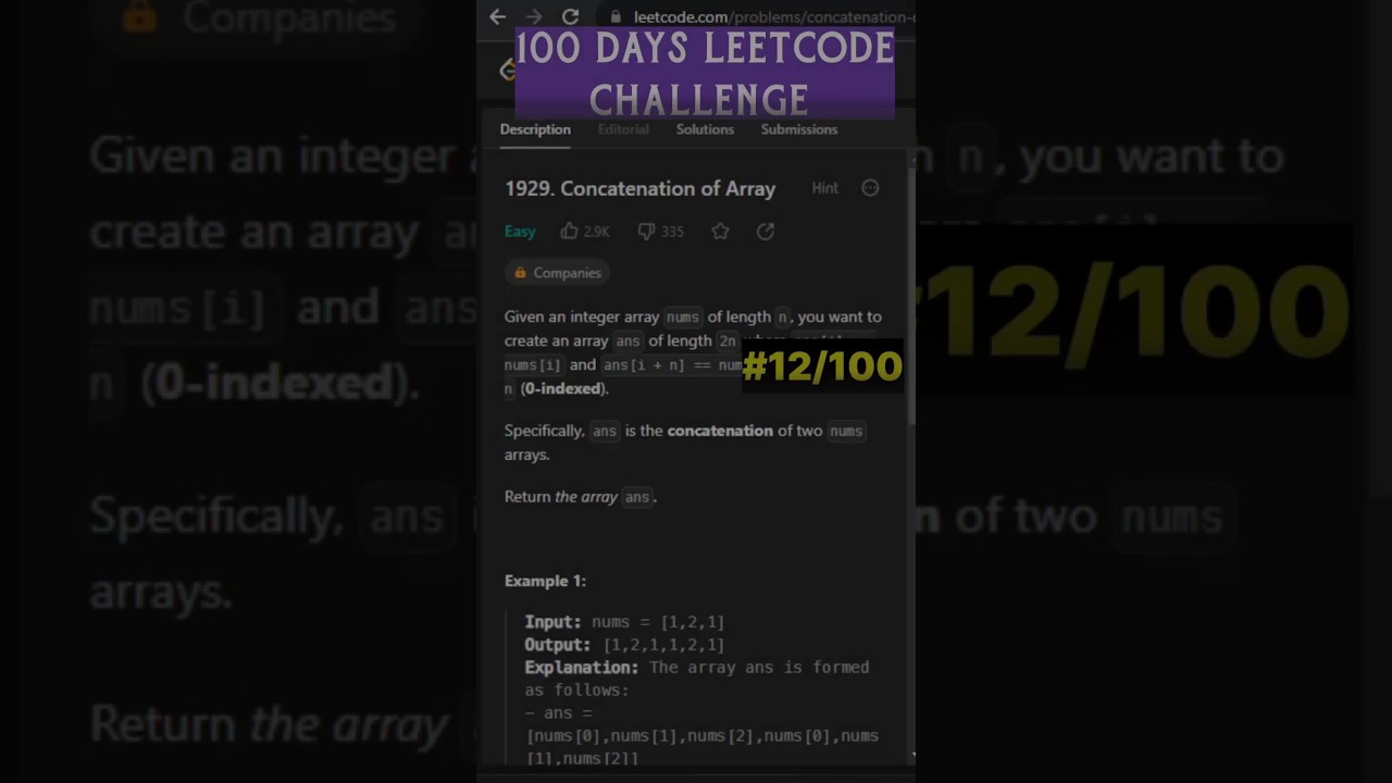 Day 12/100 Leetcode Challenge 🚀.    1929. Concatenation of Array #coding #leetcodechallenge