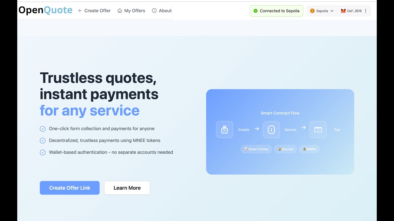 OpenQuote: A prototype platform for trustless quotes and instant payments via MNEE