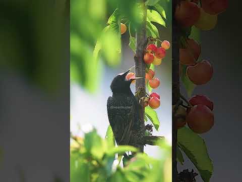 Starling eating cherry from tree #cherry #starling #bird #flutter #feathers #nature #wild HA68670