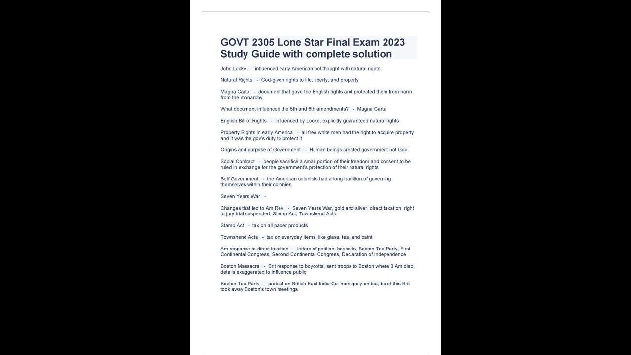 GOVT 2305 Lone Star Final Exam 2023 Study Guide with complete solution