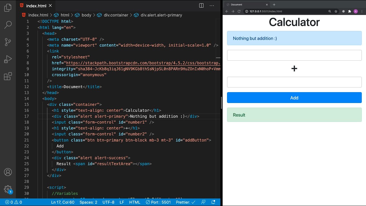 Simple Javascript Calculator using Vanilla Javascript and Bootstrap - Beginner Javascript Tutorial