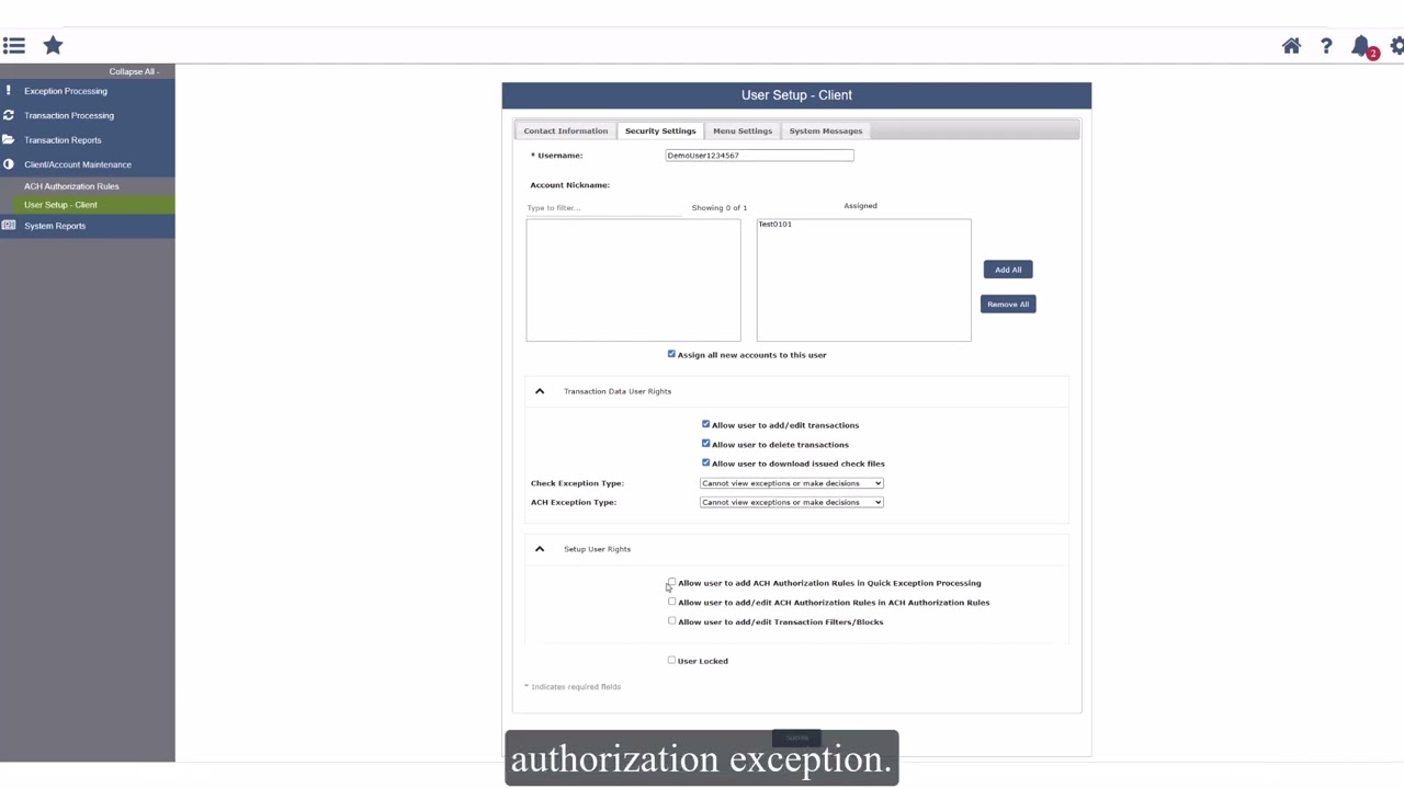 Positive Pay User Setup