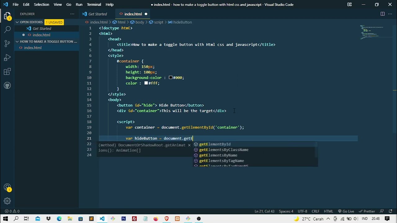 How To Make a Toggle Button With HTML CSS and Javascript on 2022